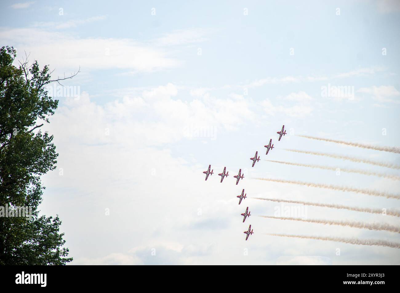 A formation of nine aircraft performing display and aerobatics during ...