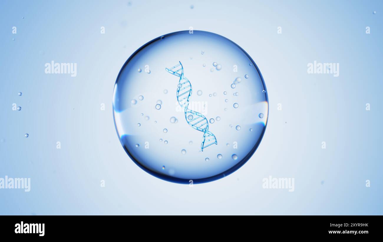 DNA double helix strand in a cell on blue background. science and ...
