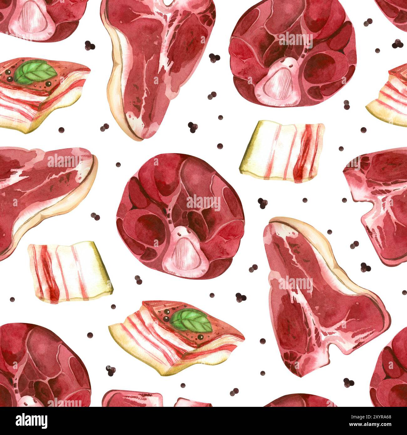 Meat on the bone, steak, lard, beef, peppercorns, all objects are hand ...