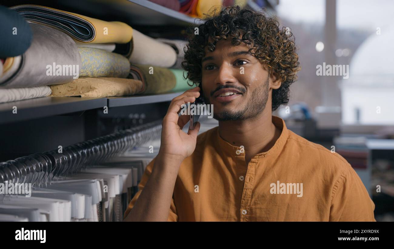 Arabian Indian man happy customer salesman fashion stylist talking ...