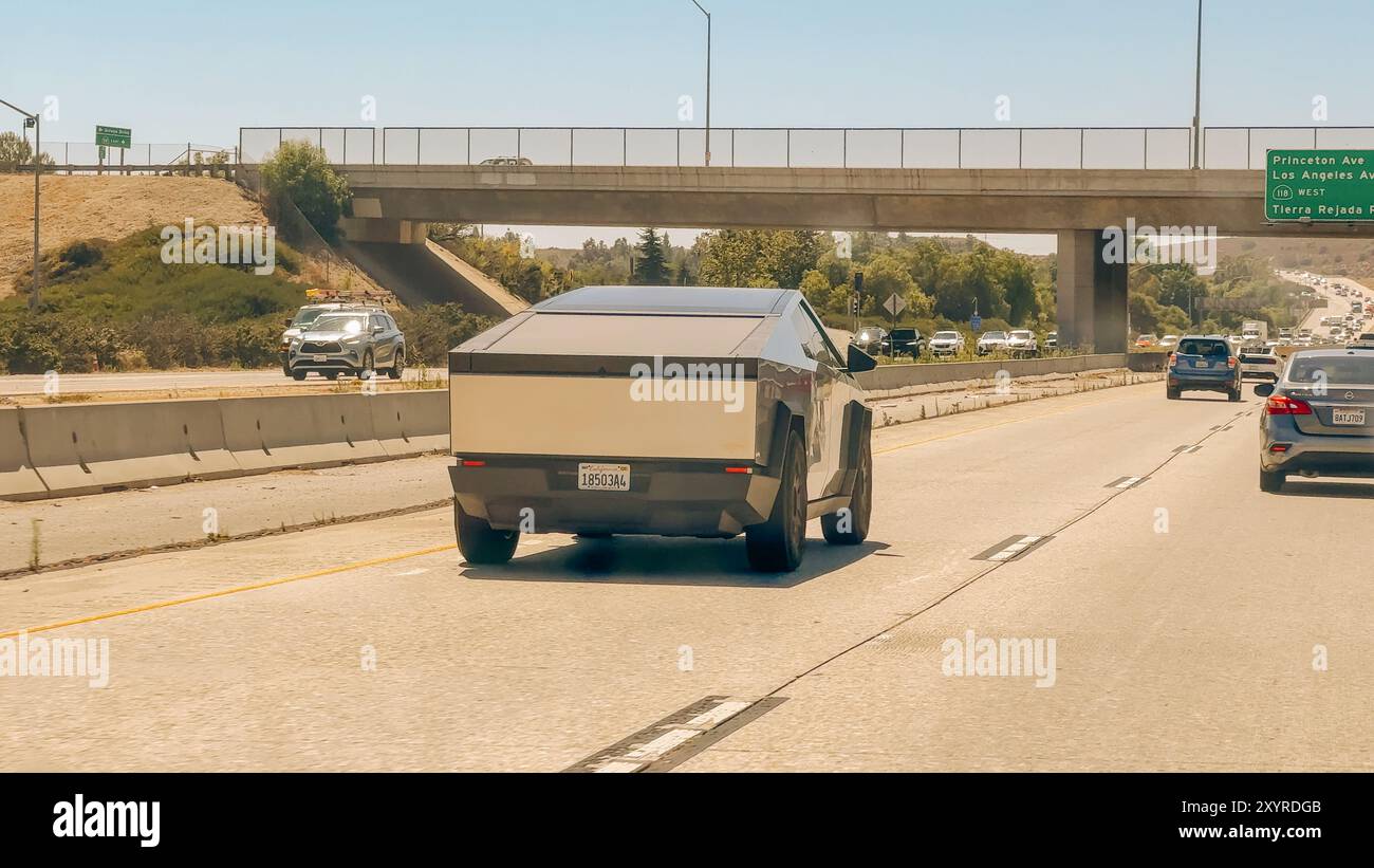 Los Angeles, California, USA. July 31, 2024. Tesla Cybertruck drives on ...