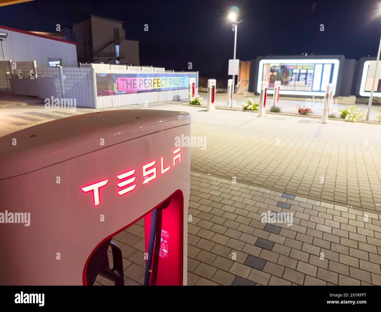 Tesla Super Charger power station at A7 highway rest stop petrol ...