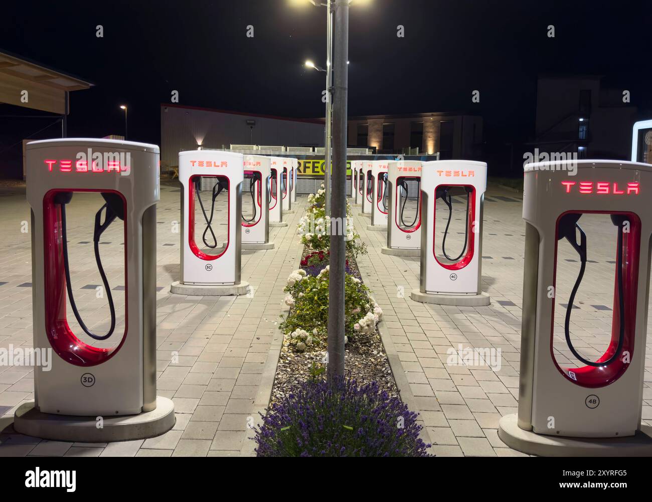 Tesla Super Charger power station at A7 highway rest stop petrol ...