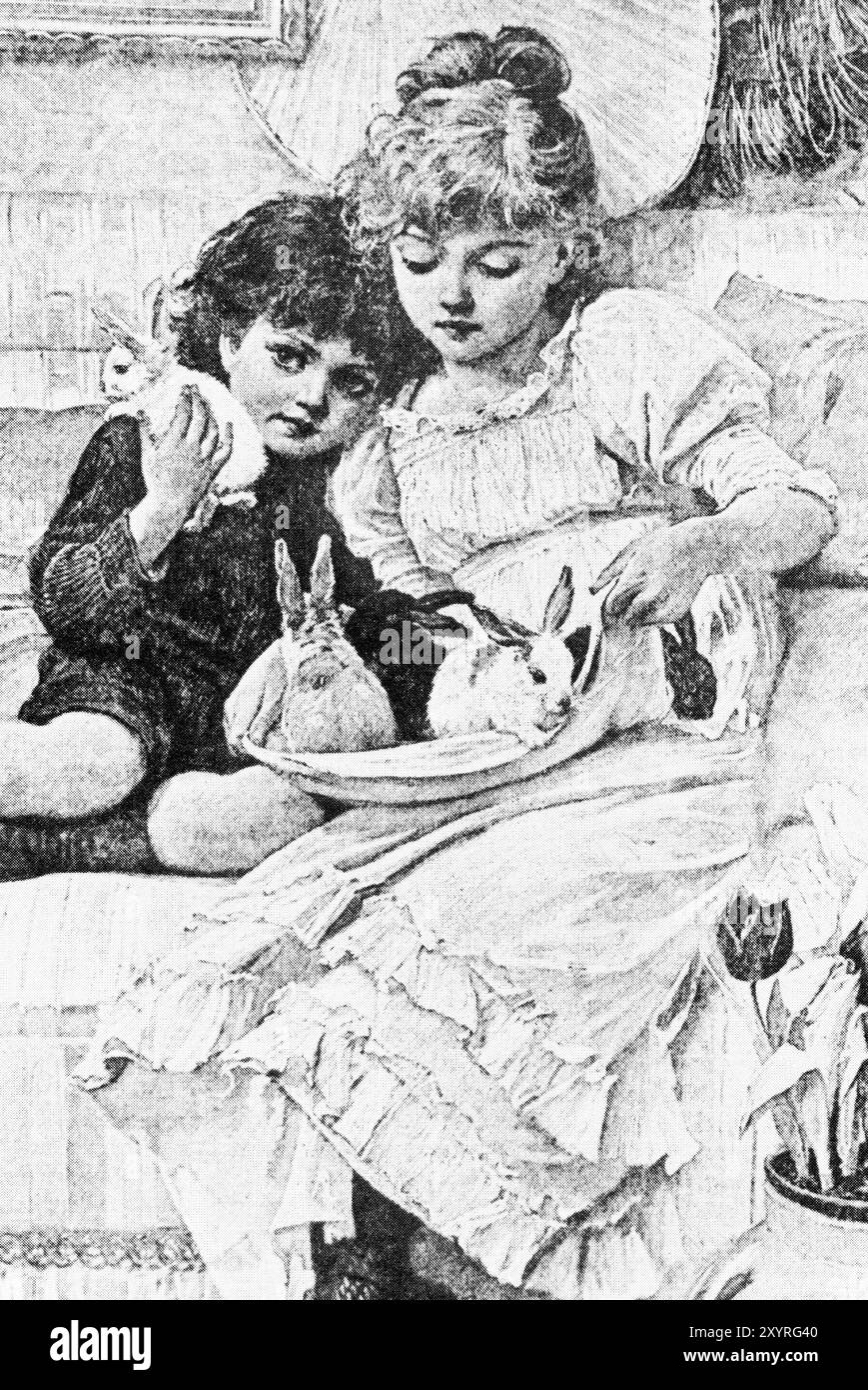 victorian-era children playing with their pet rabbits, circa 1880 Stock ...