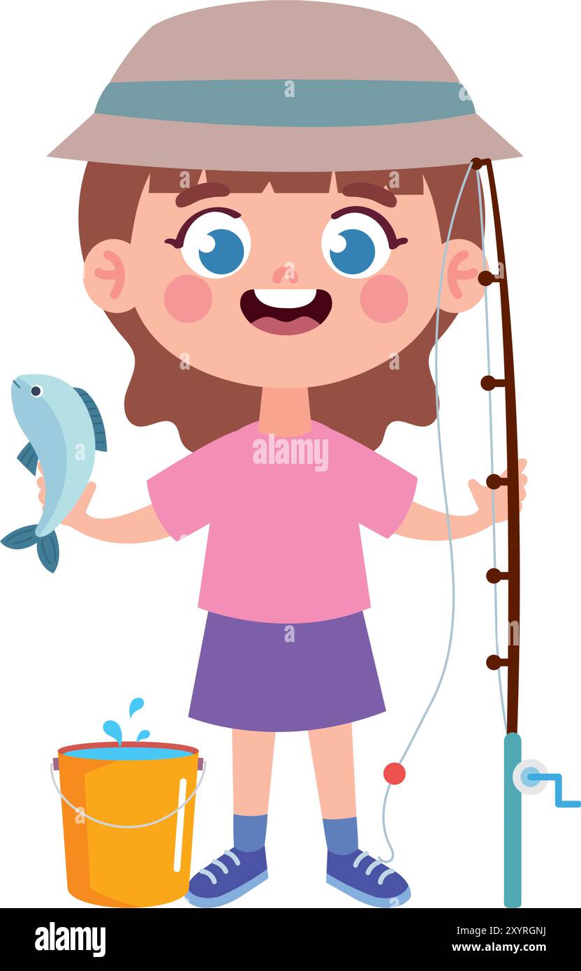 little girl catch fish with fishing rod Stock Vector Image & Art - Alamy