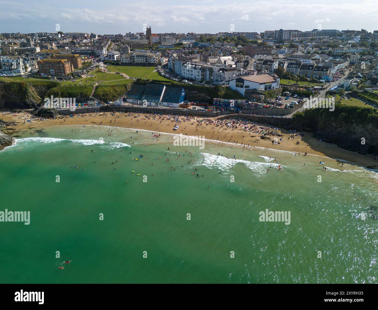 Aerial view of the beach and town of newquay in cornwall, england ...