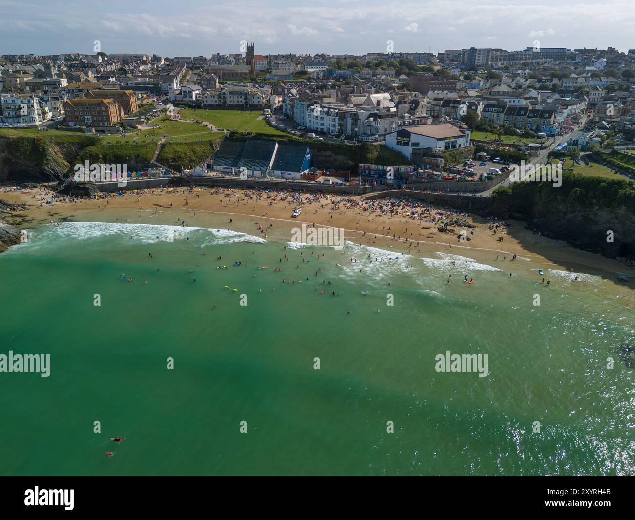 Aerial view of the popular tourist destination of towan beach in ...