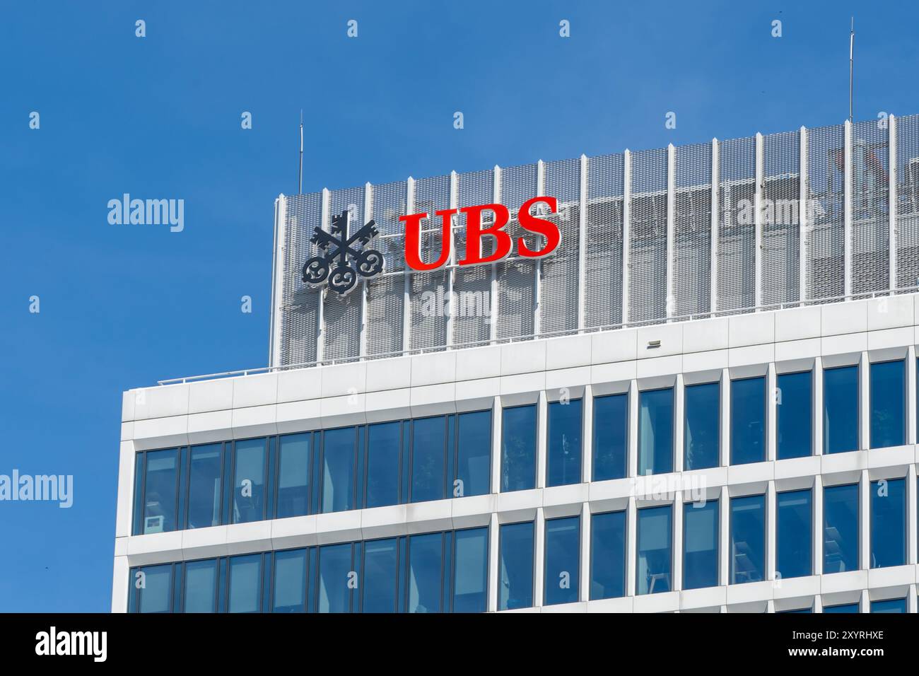 UBS company sign and logo on the office building in Warsaw, Poland ...