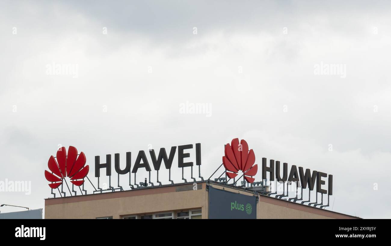 Close up of HUAWEI logo and sign on the building. Warsaw, Poland Stock ...
