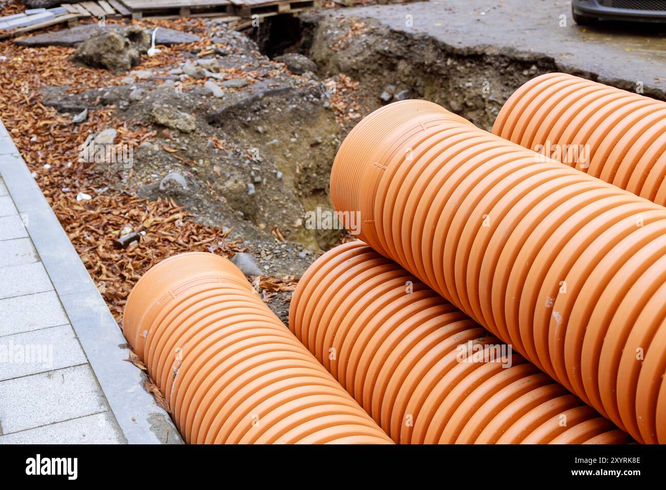 HDPE polyethylene sewer pipes awaiting installation, ready to form ...
