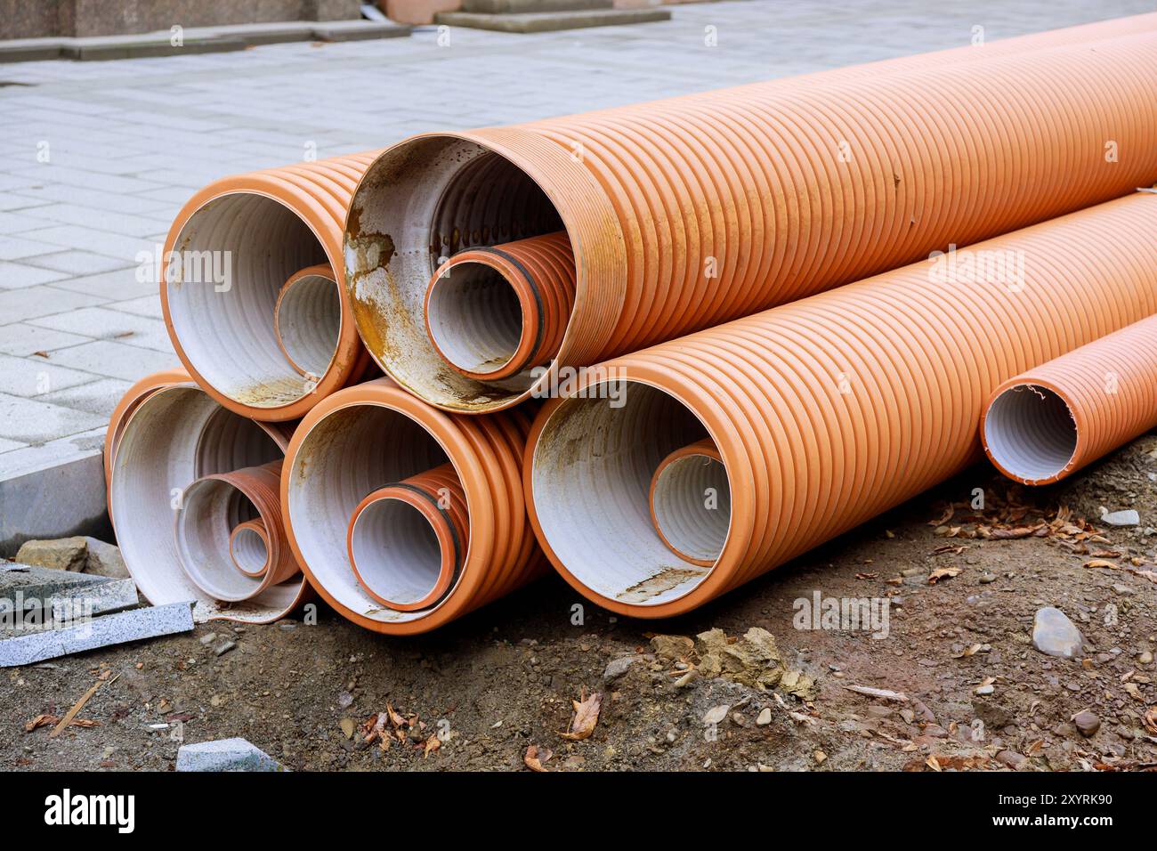 An HDPE polyethylene sewer pipe awaiting installation, ready to form ...