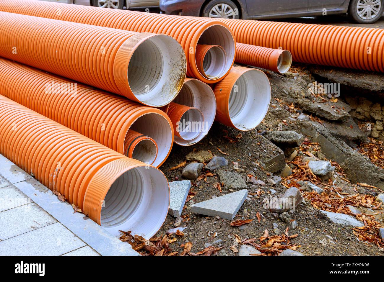 Ready to install HDPE polyethylene sewer pipes Stock Photo - Alamy