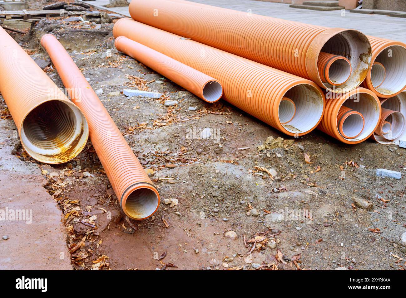 HDPE polyethylene sewer pipes awaiting installation Stock Photo - Alamy