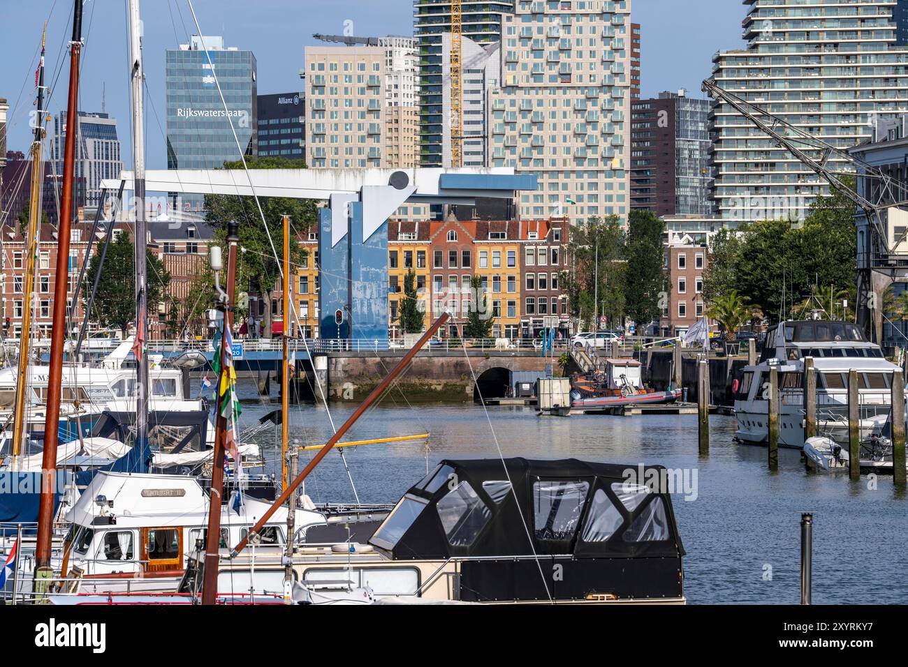 Rotterdam Marina, behind high-rise buildings in the Maritiem District ...