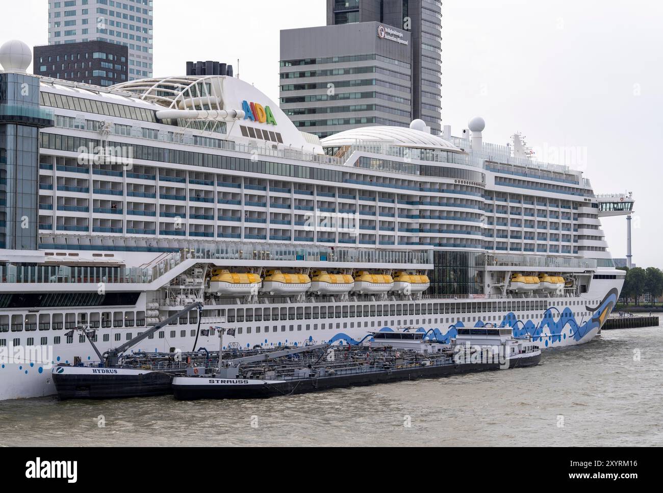 The cruise ship AIDA Prima is refueled, moored at the Cruise Terminal ...