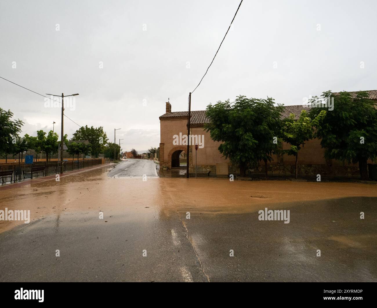 Cetina, Spain. 30th August, 2024. A flash flood crossing the road A2501 ...