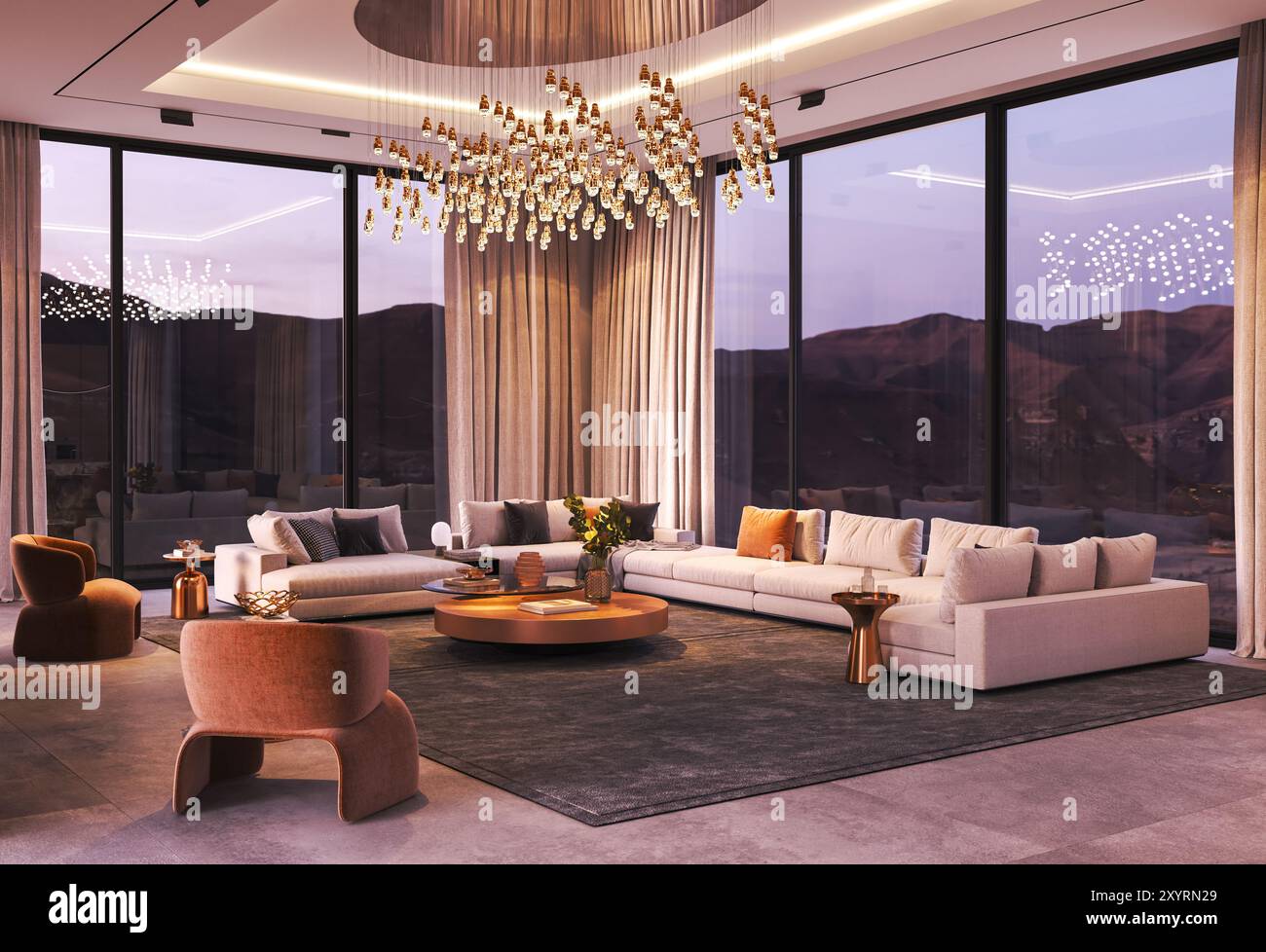 Contemporary living room featuring scenic mountain views and an elegant ...