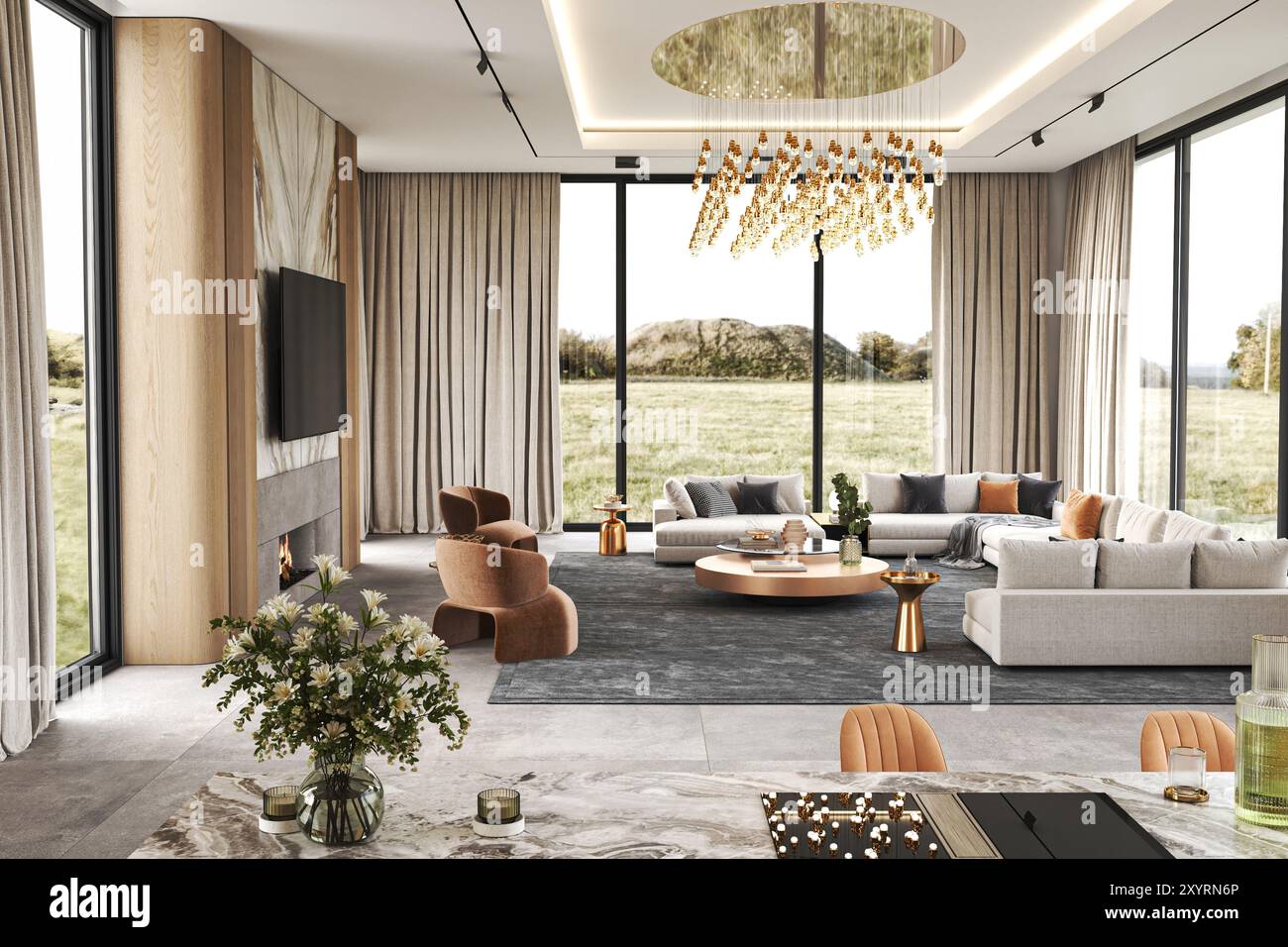 Elegant and modern living room featuring scenic views and beautiful ...