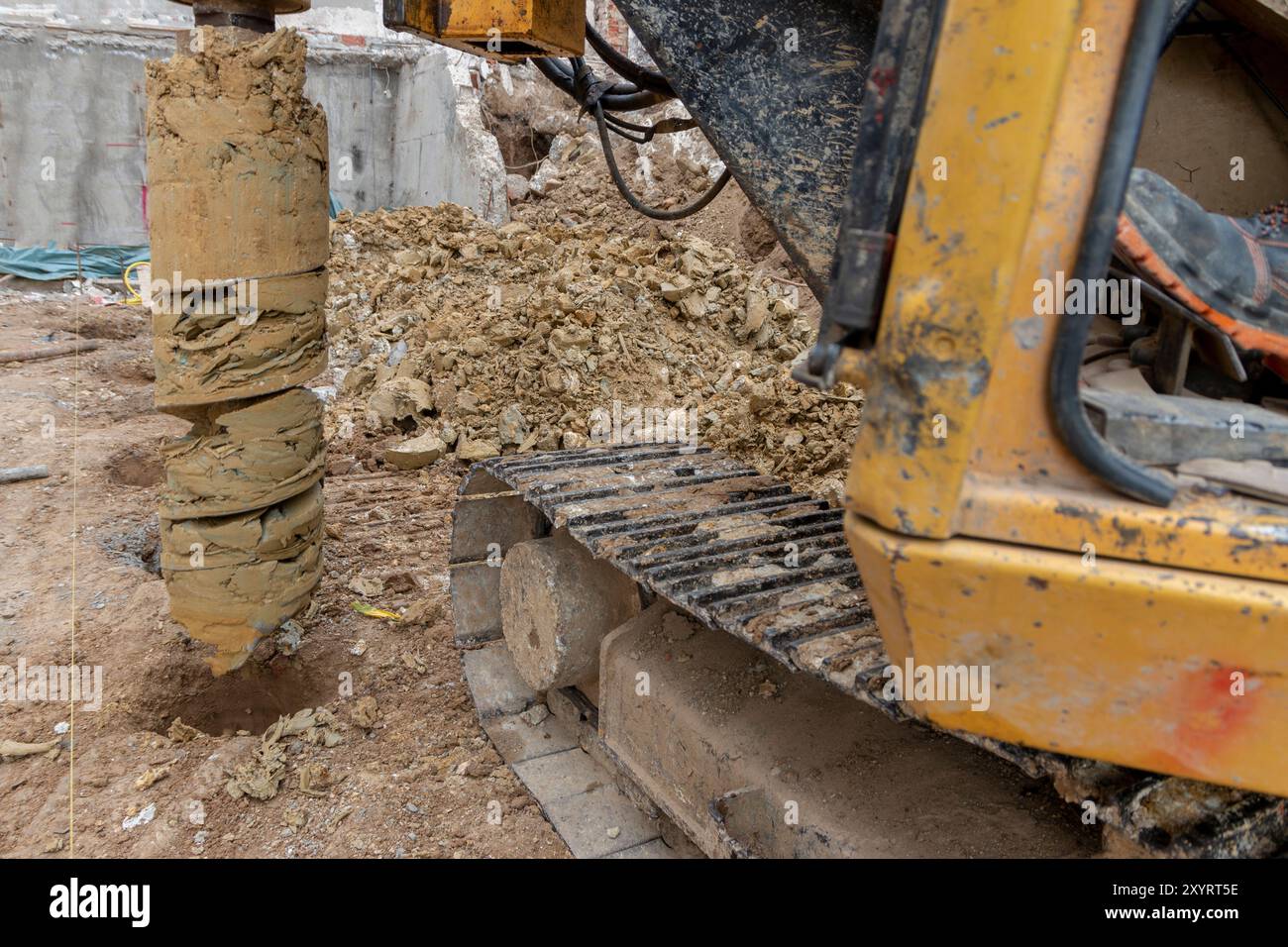Hydraulic bore pile rig machine at the construction site.Drilling in ...