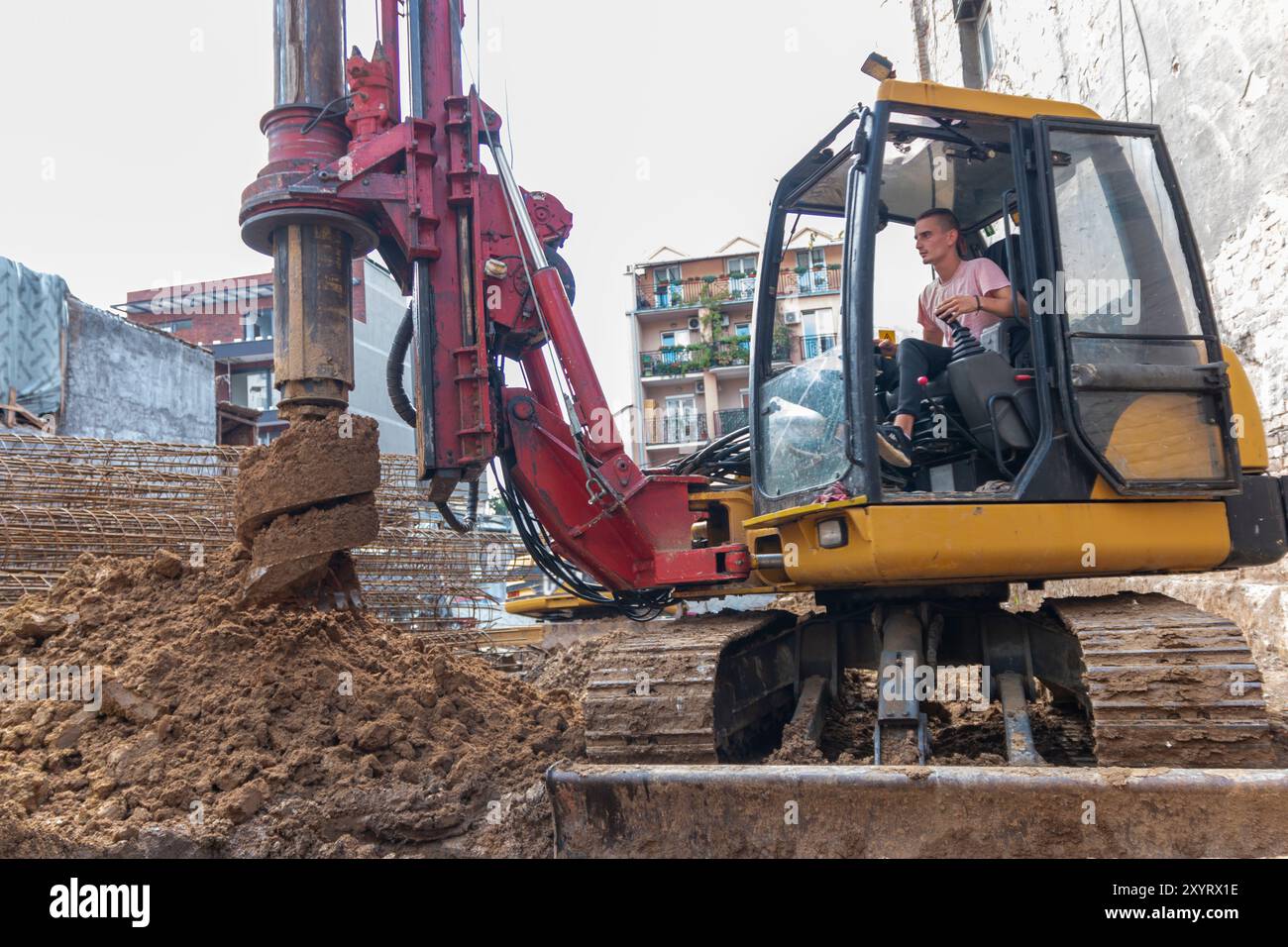 Hydraulic bore pile rig machine at the construction site.Drilling in ...