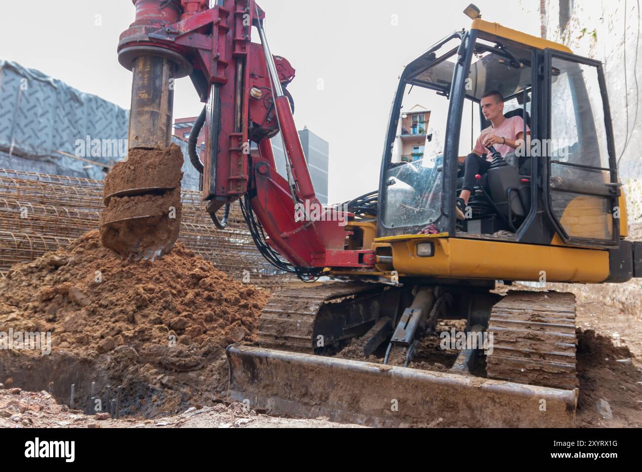 Hydraulic bore pile rig machine at the construction site.Drilling in ...
