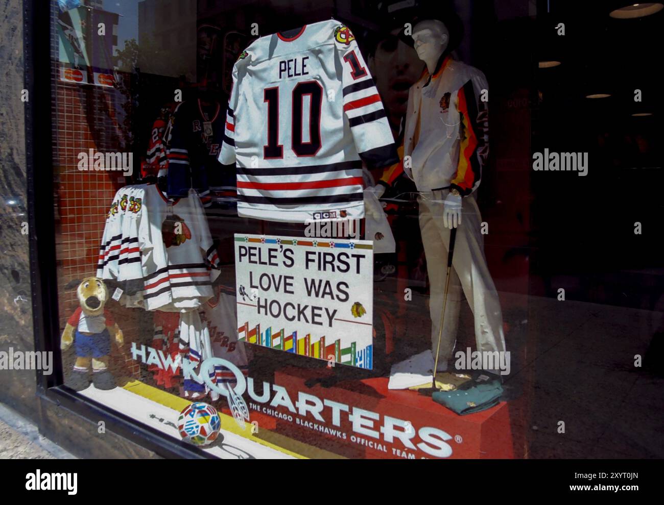Display in the window of the Chicago Blackhawks team store on the ...