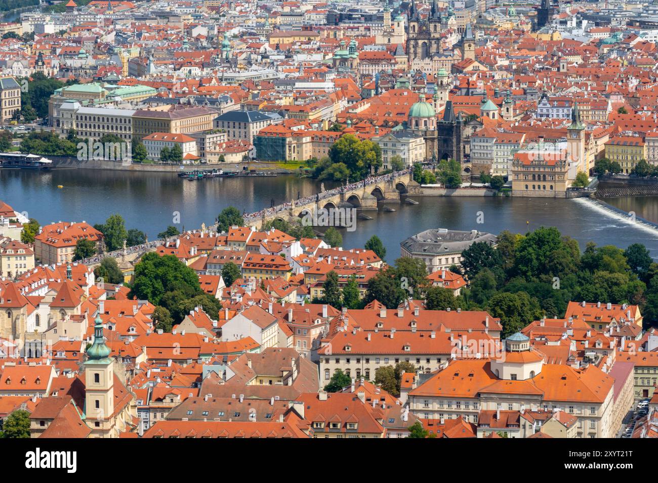 Aerial view of the old town and Lesser Town connected by Charles Bridge ...