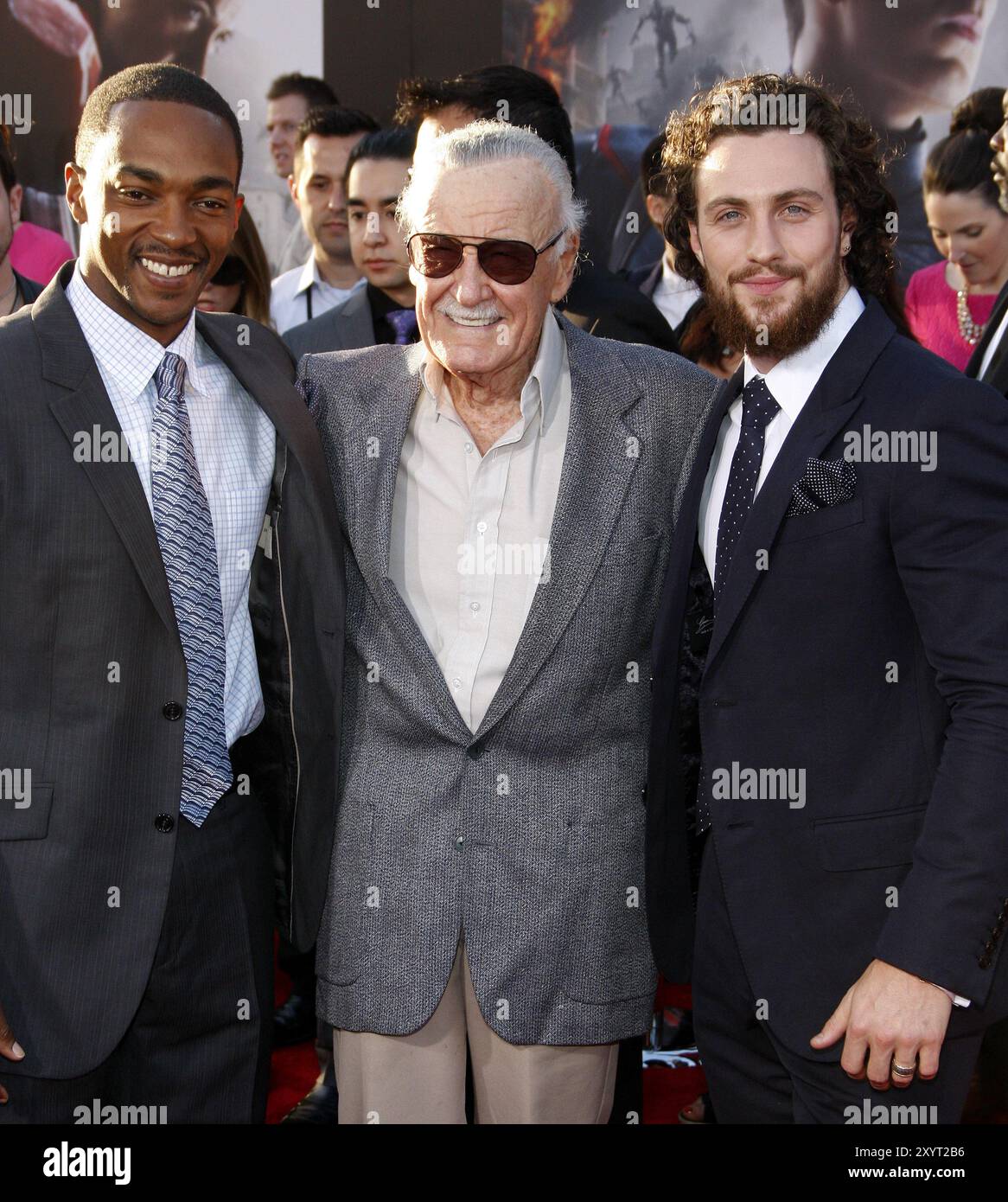 Anthony Mackie, Stan Lee and Aaron Taylor-Johnson at the World premiere ...