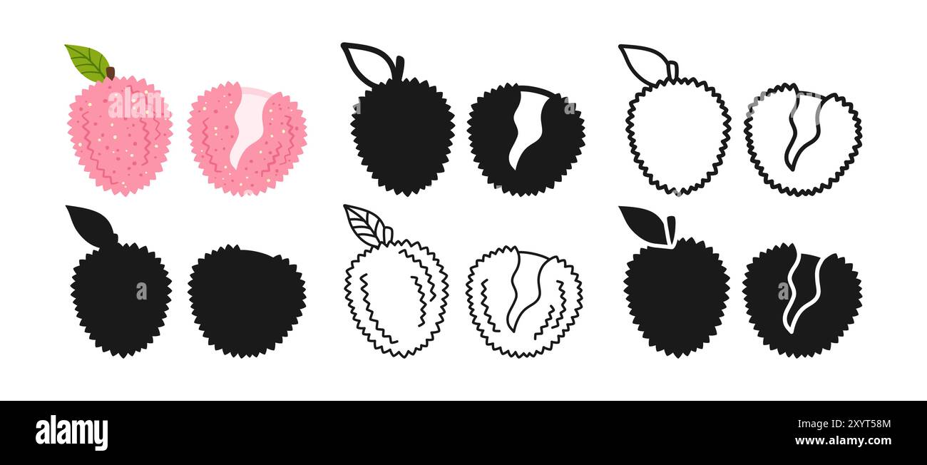 Lychee symbol cartoon set. Whole and cut ripe red lichi linear doodle ...