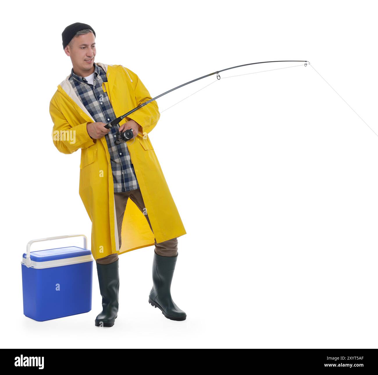 Fisherman with rod fishing near cooler box against white background ...