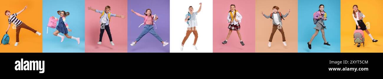 Children with backpacks jumping on different colors backgrounds. Back ...