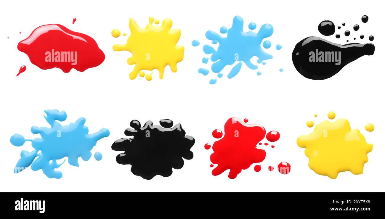 Printer ink of different colors. Set of spots isolated on white, top ...