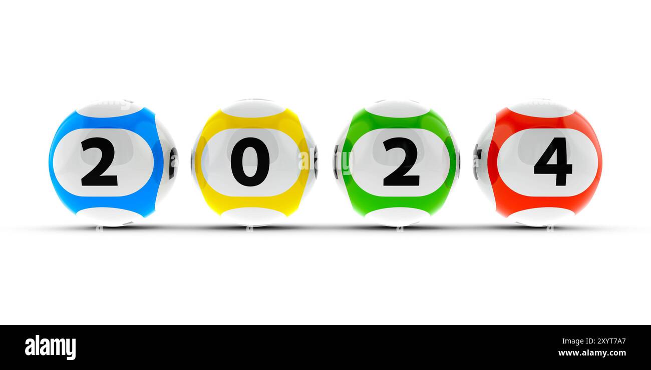 Lottery balls on a white table represents the new 2024 year, three ...