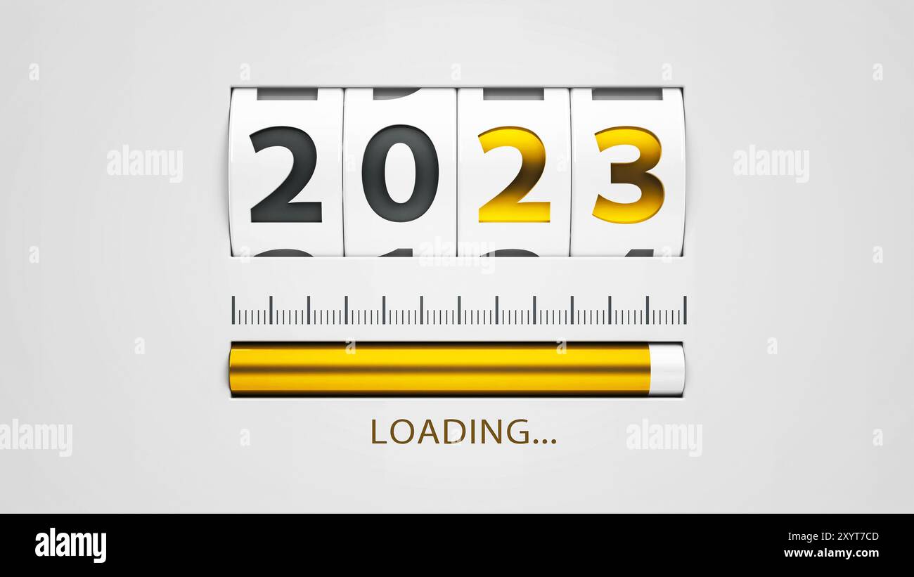 Design component of a counter dial that is showing loading new year 2023, three-dimensional ...