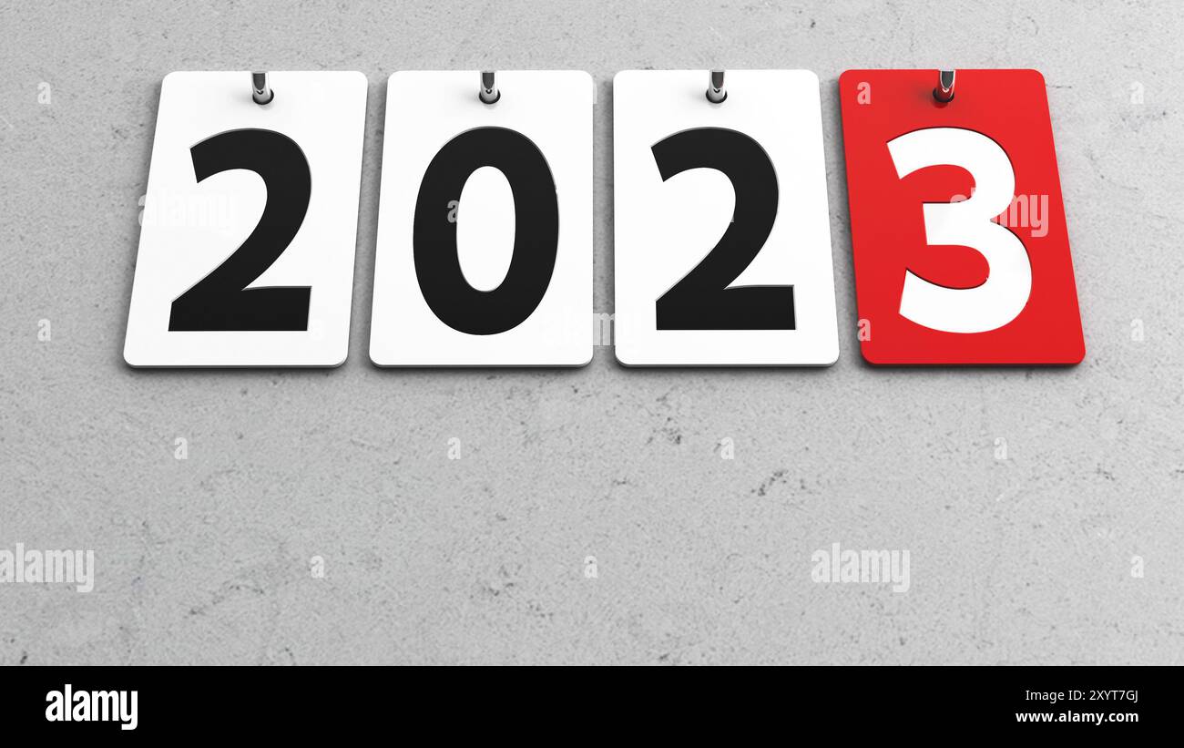 Plates 2023 on the grey wall, represents the new year 2023, three ...