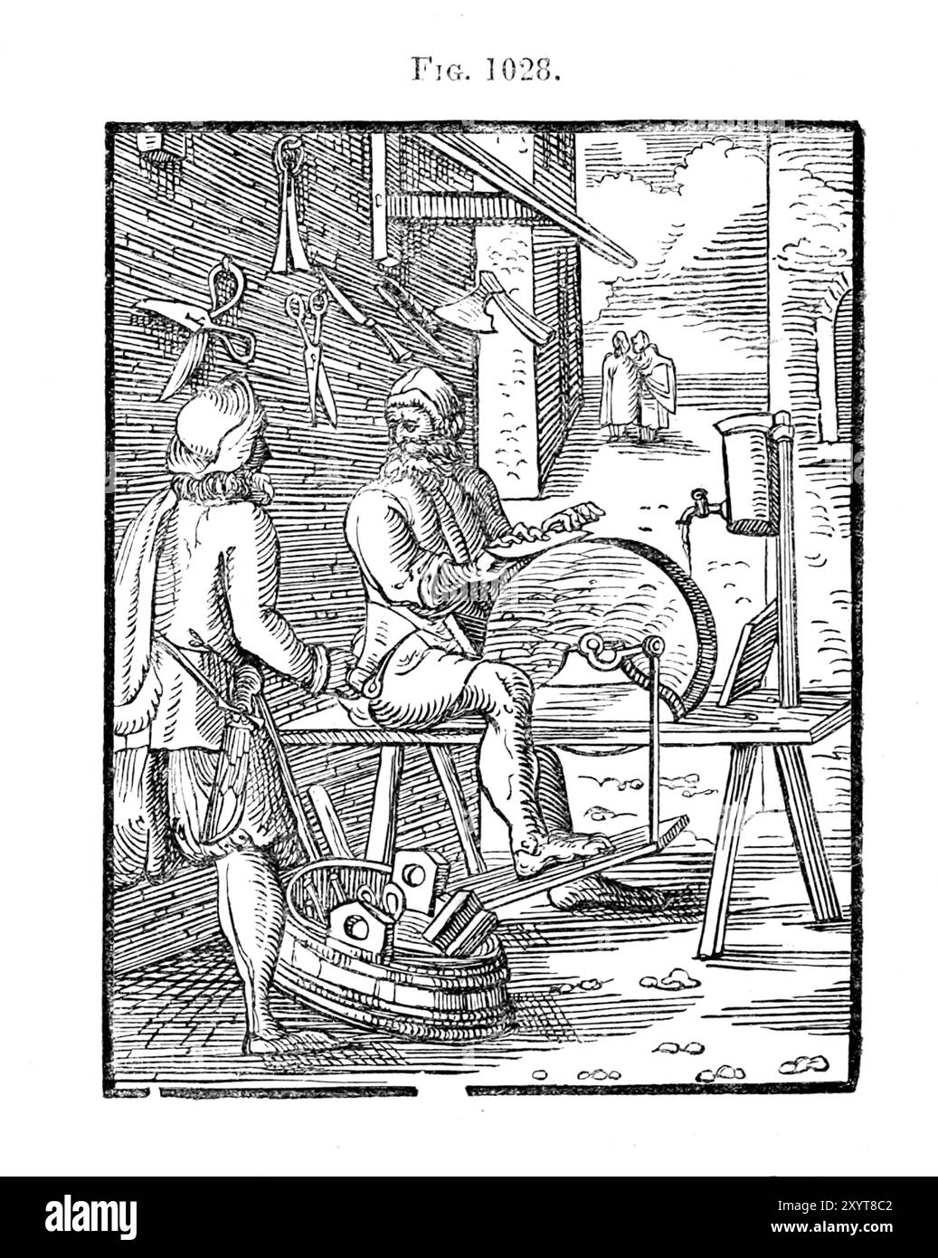 Illustration of a treadle operated grindstone from 1548. From 'Turning ...