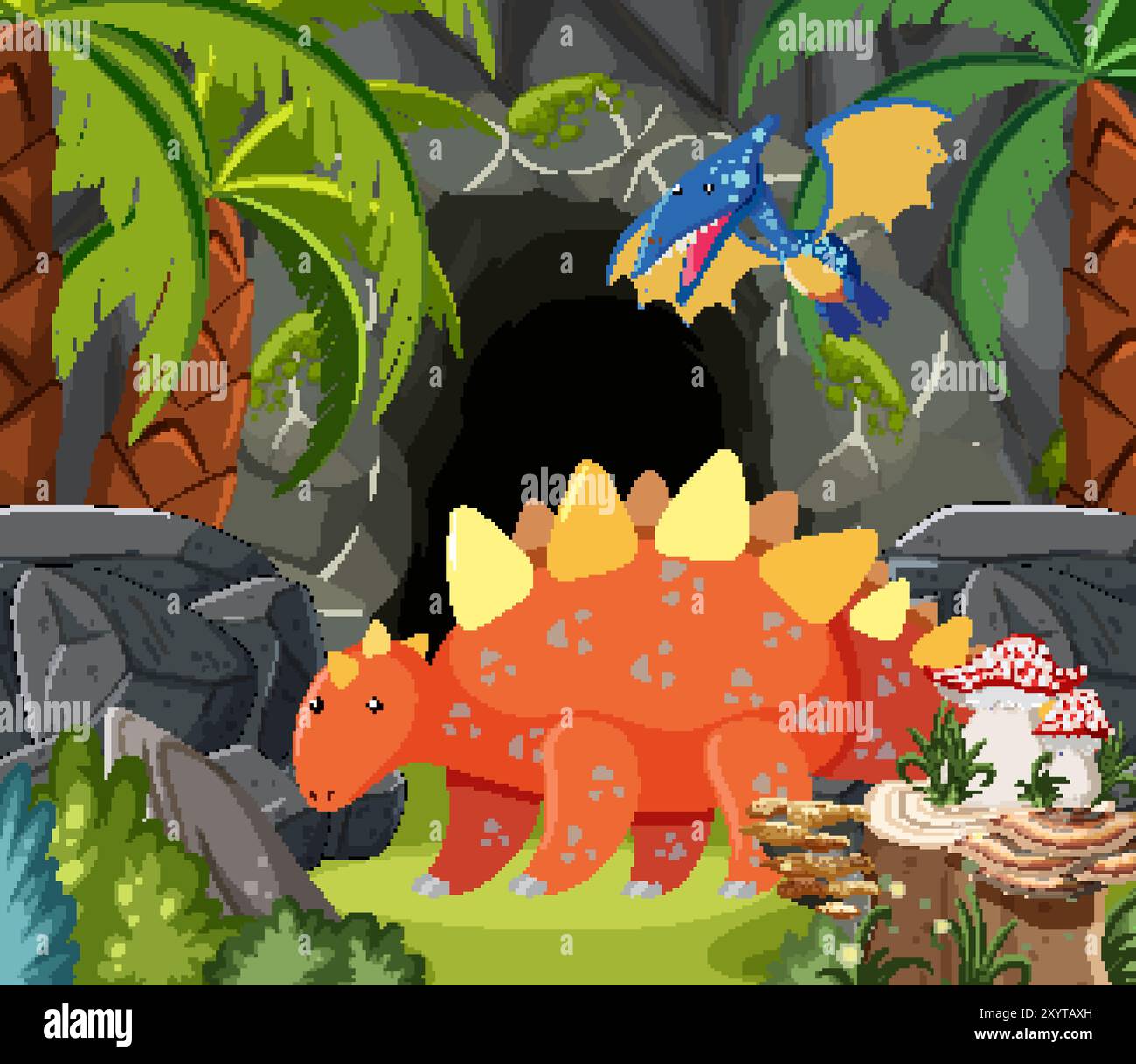 Dinosaurs near a cave in lush jungle Stock Vector Image & Art - Alamy