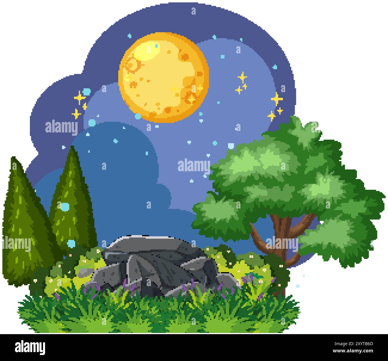 Nighttime scene with trees and rocks Stock Vector Image & Art - Alamy