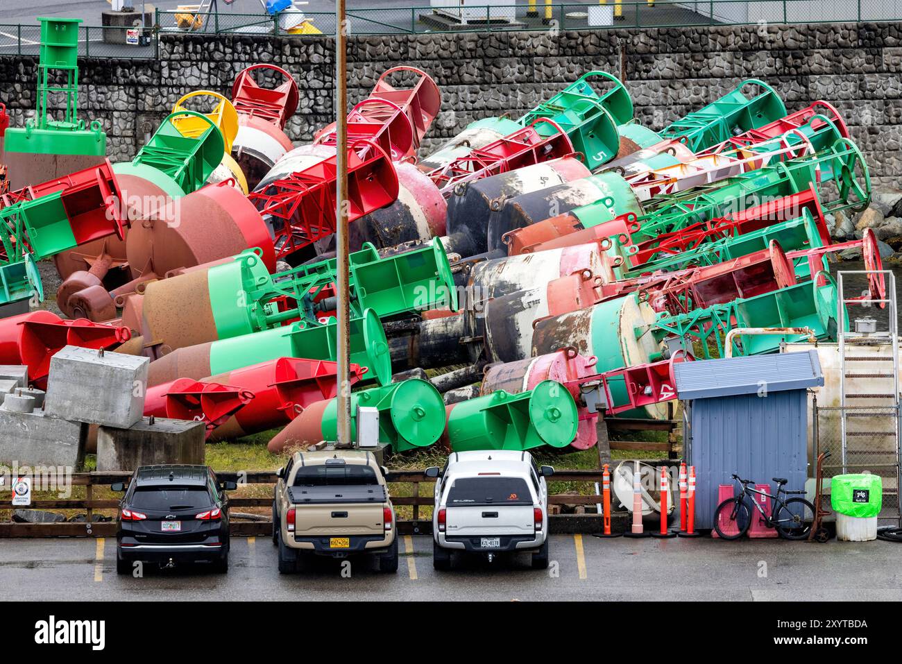 Giant colorful buoys at the Coast Guard Base in Ketchikan, Alaska, USA ...
