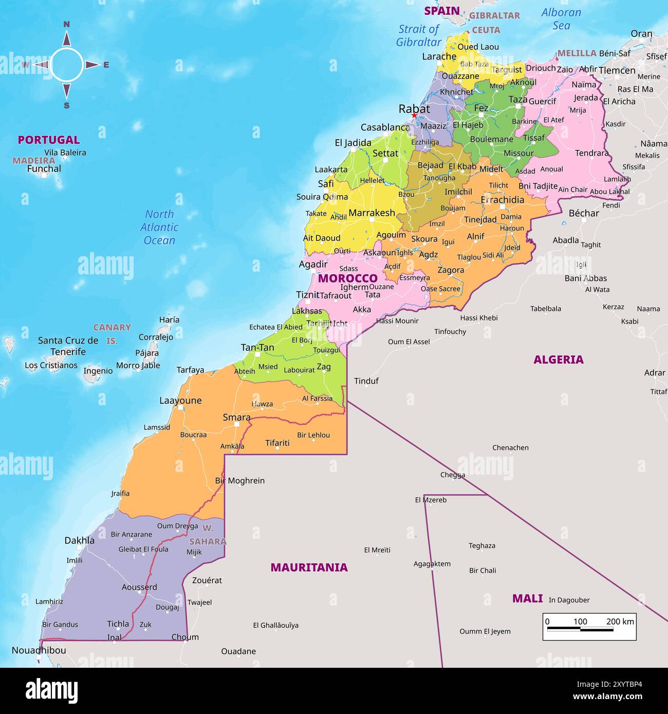 Morocco political map with capital , cities, towns, national borders ...