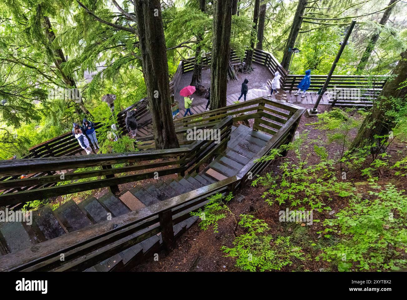A winding staircase on the Salmon Walk along Ketchikan Creek in ...