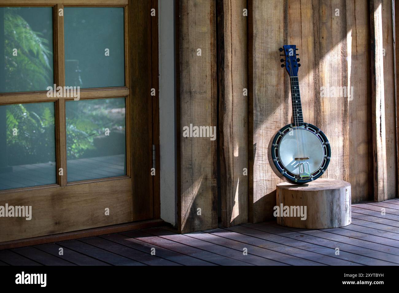 Vintage Banjo mandolin, on a round of wood next to a door Stock Photo ...