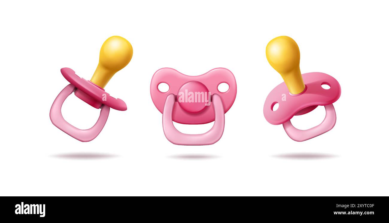 3d realistic icon illustration set. Pink baby girl pacifier in front ...