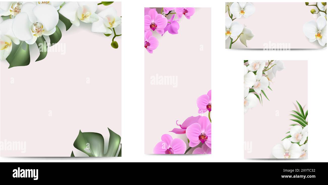 Flowers template banners with realistic orchids and exotic palms ...