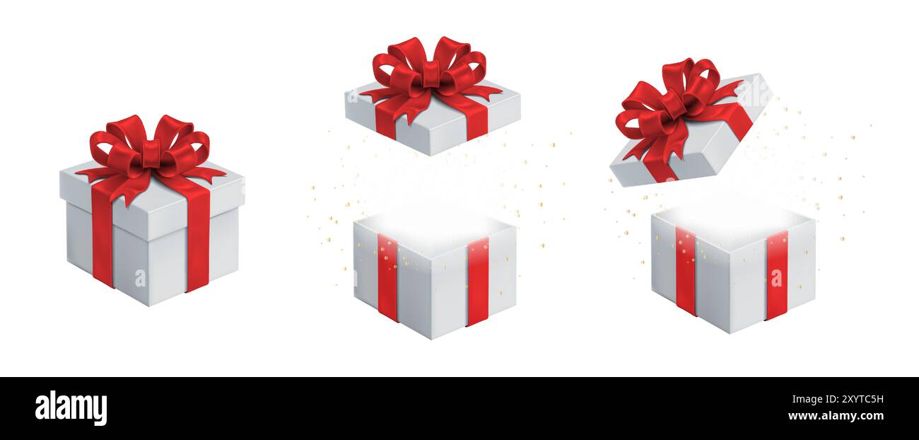 3d realistic icon illustration. Open and closed white gift boxes with ...
