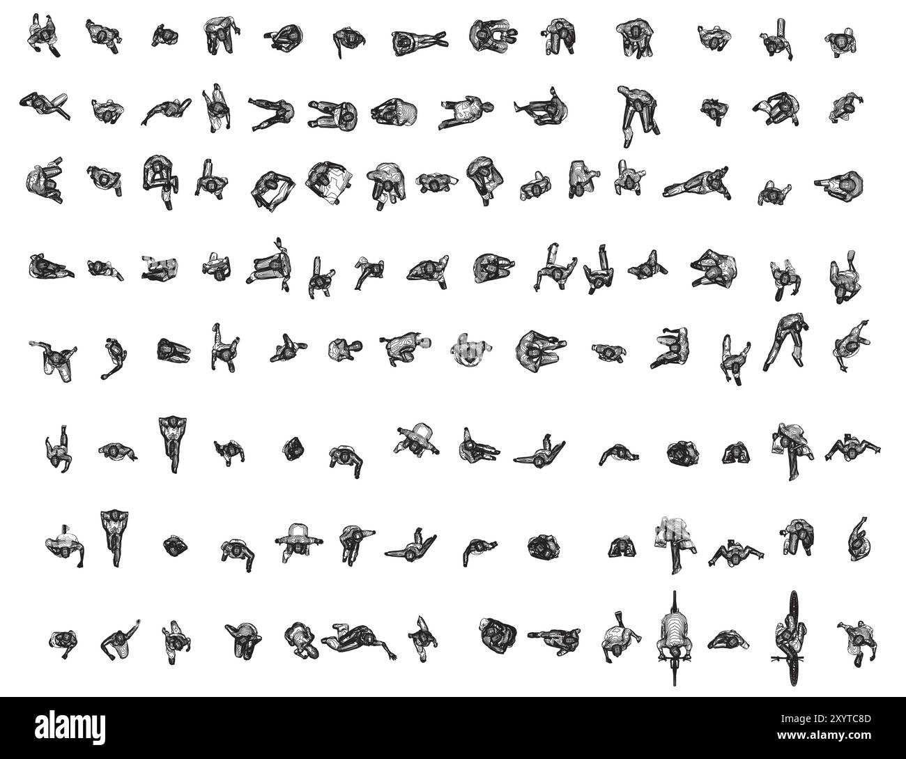 Set with people outlines in different positions from black lines ...