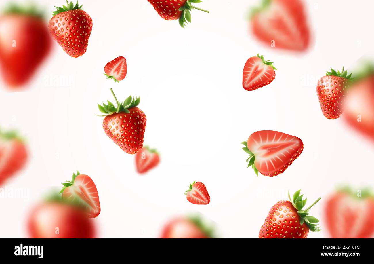 3d realistic illustration banner. Falling red strawberries banner ...