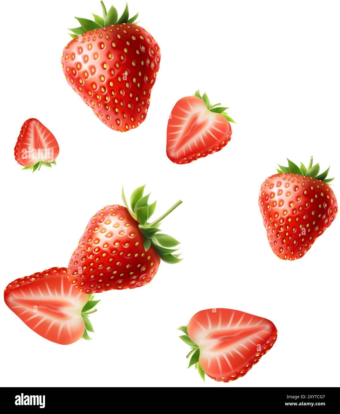 3d realistic illustration banner. Falling red strawberries. Isolated on ...