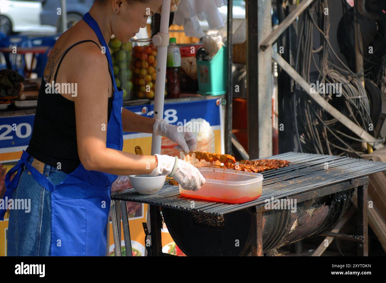Lady cooking meat to sell at food stall, Vientiane, Laos Stock Photo ...