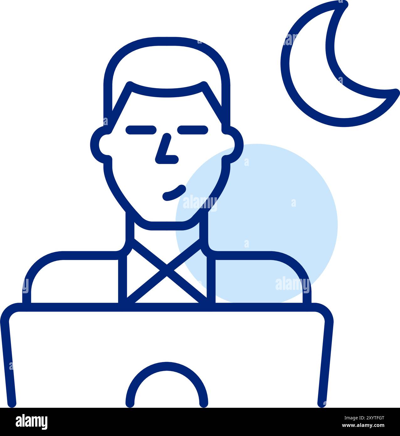 Man in shirt working at laptop and moon crescent symbol. Night time ...